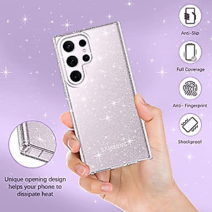 VENINGO Samsung S23 Ultra Case, 3 in 1 Full Body Protective Crystal Transparent S Pen Friendly Design Heavy Duty Hybrid Shockproof Phone Cover for Samsung Galaxy S23 Ultra 5G 6.8" 2023, Glitter Clear