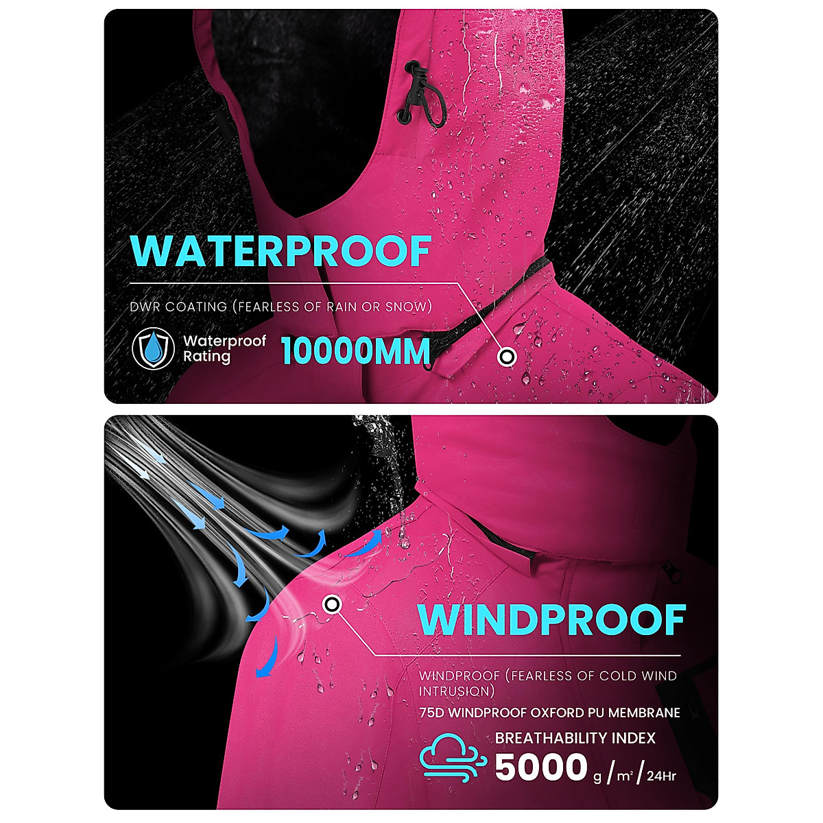 WULFUL Women’s Waterproof Snow Ski Jacket Mountain Windproof Winter Coat with Detachable Hood