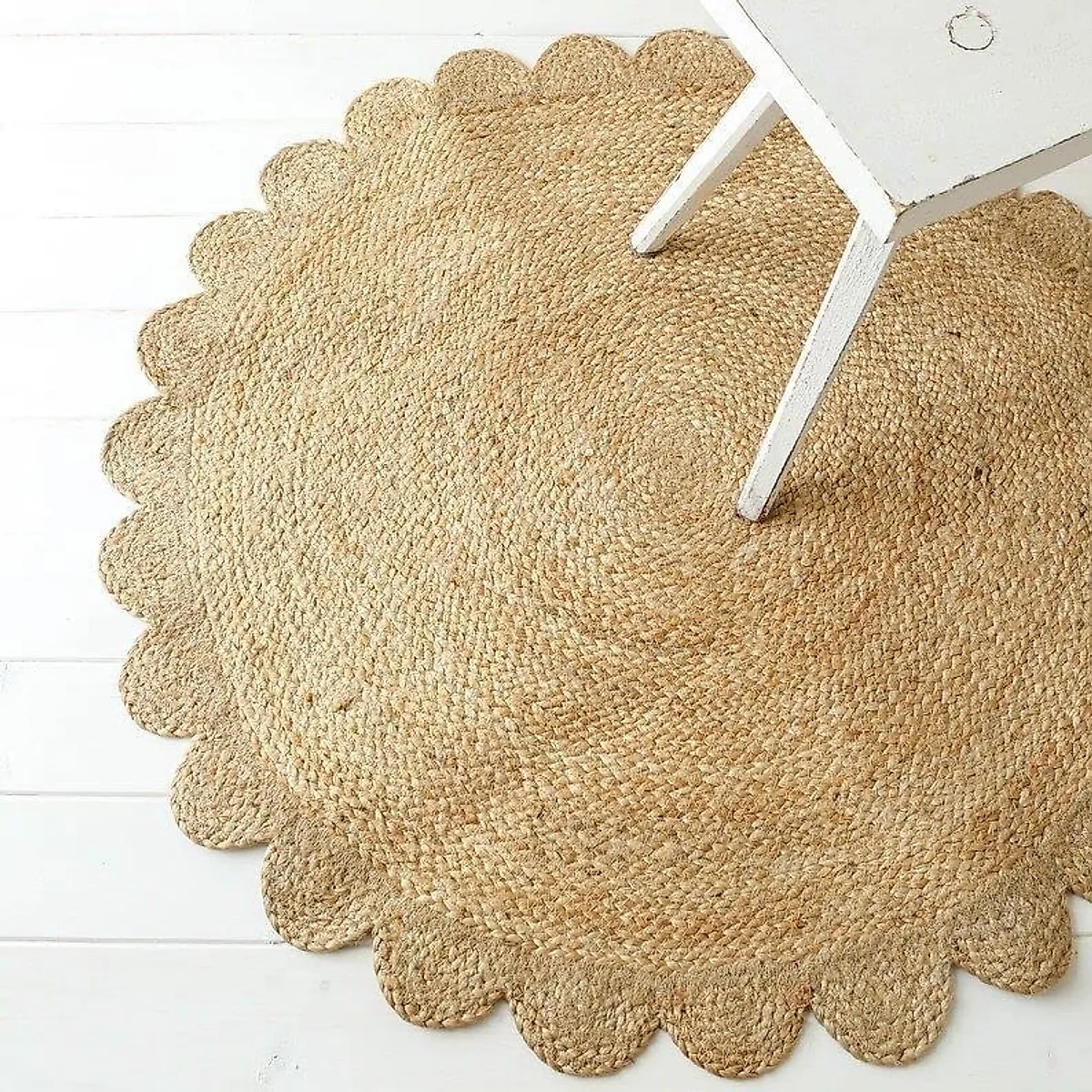 Arise Export Natural Round Jute Jute Area Rug, Floor Scalloped Edge Rug Braided Boho Eco Large Circular Handmade Area Rug, Natural (3x3 Ft Round Rug)