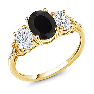Gem Stone King 10K Yellow Gold Black Onyx White Moissanite and Diamond 3-Stone Engagement Ring | 2.64 Cttw | 3 Stone Wedding Anniversary Promise Ring For Women | Oval 8X6MM and 6X4MM (Size 7)
