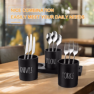 ALPIRIRAL Silverware Caddy, 4 Pieces Kitchen Utensil Holder for Countertop, Black Utensil Holder for Party, Silverware Holder for Party with Wood Tray, Farmhouse Cutlery Holder Storage Organizer