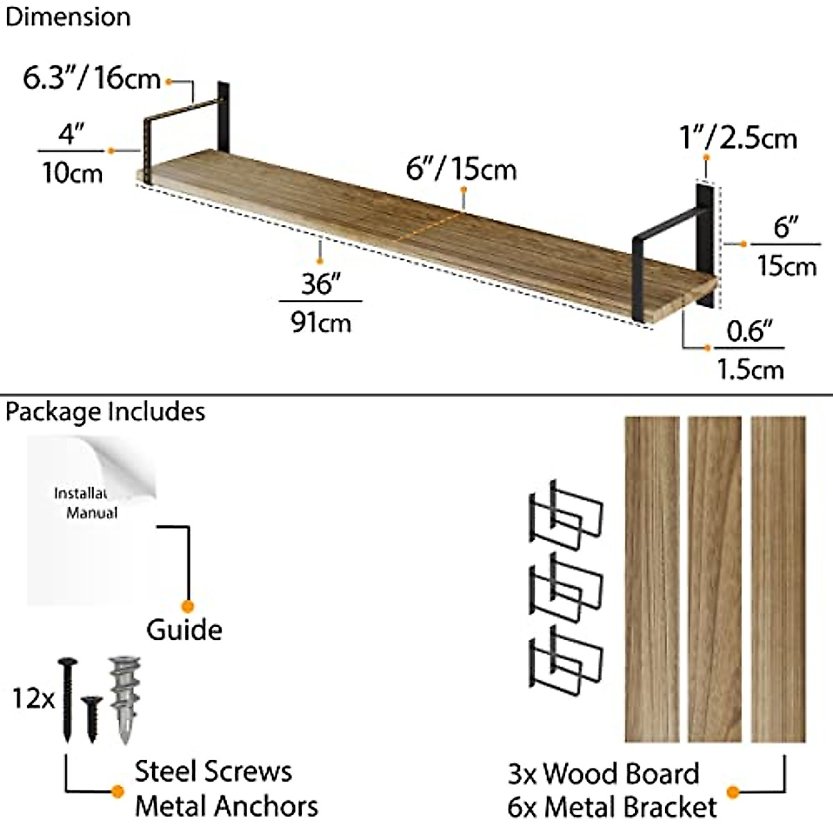 Wallniture Toledo Floating Bookshelf Set of 3, Wood Floating Shelves for Wall Storage, 36"x6" Long Wall Shelves for Living Room, Bathroom, Bedroom, Kitchen Pantry,Burnt Finish