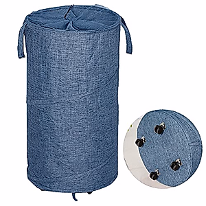 Viviphanhy Collapsible Laundry Baskets Dorm Pop Up Laundry Hamper Oxford Cloth Cylinder With Wheels Handles (Blue)