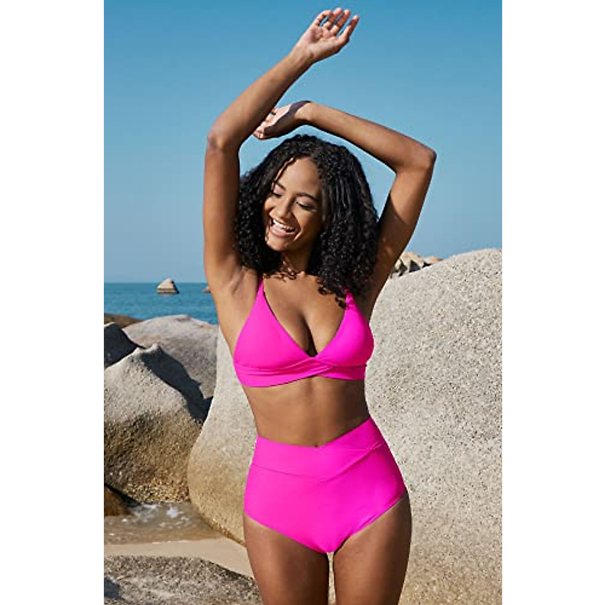 Ewedoos High Waisted Bikini Sets for Women V Neck Two Piece Swimsuit for Women Bathing Suit for Women 2 Piece Bikini Hot Pink