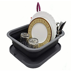 SAMMART Collapsible Dish Drainer with Tray - Foldable Drying Rack Set - Portable Dinnerware Organizer - Space Saving Kitchen Storage Tray (1, Grey/Black)