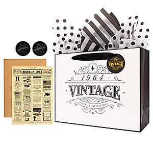 Crisky 60th Birthday Gift Wrap Bag Vintage 1964 with 60th Birthday Card Matching Envelope Sticker and Tissue Paper for Women/Men/Wife/Husband/Mom/Dad, 13" x 10" x 5"
