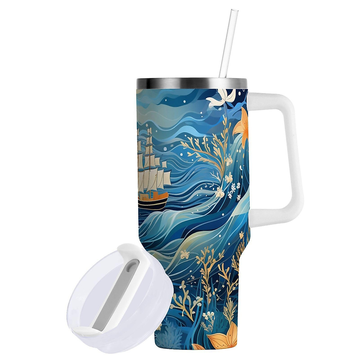 ARGTILDN 40 oz Tumbler Sea Sailboat Underwater World Insulated Travel Mug with Handle and Straw Lid Stainless Steel Vacuum Coffee Cup Tea Beverage Container Water Bottles for Car Sports office