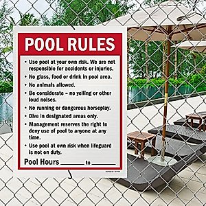 SmartSign 24 x 18 inch “Pool Rules - Use Pool At Your Own Risk, No Glass, Pool Hours” Write-On Sign, Digitally Printed, 160 mil Corrugated Plastic, Red, Black and White