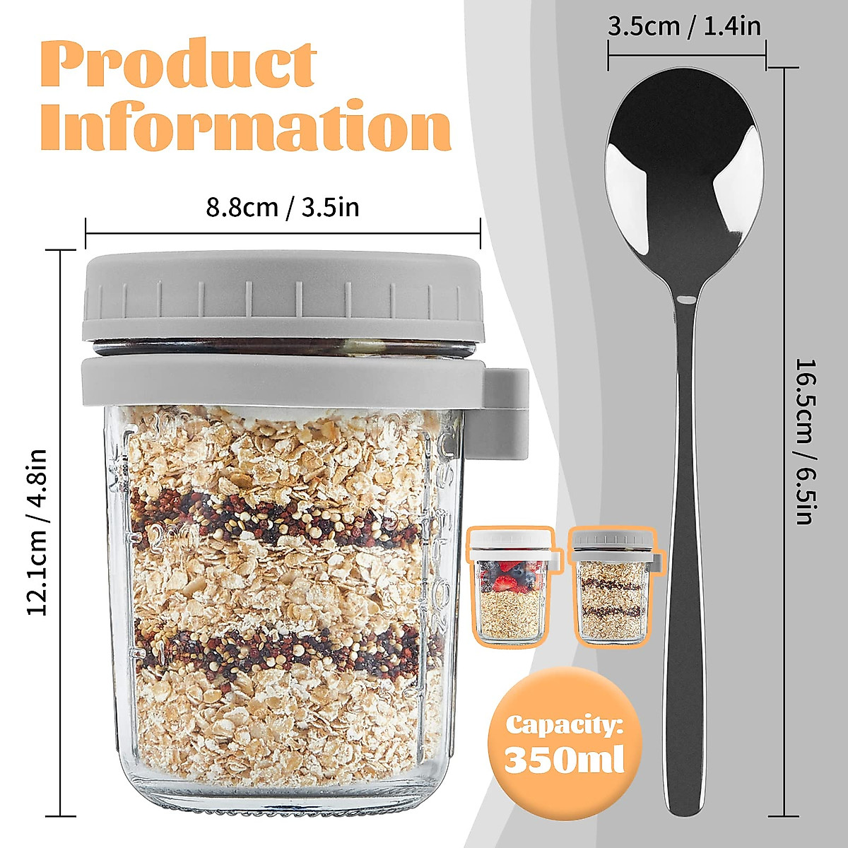 Kucoele Overnight Oats Jars with Lids and Spoons, 2 Pack 12 oz Glass Mason Jars Oatmeal Containers with Measurement Marks for Cereal, Milk, Vegetable and Fruit Salad (Grey+White)
