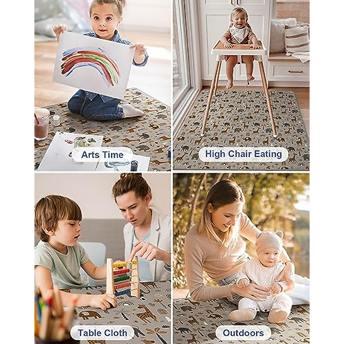 Baby Splat Mat for Under High Chair, 51 x 51 Inch Splash Mat, Waterproof and Washable Spill Mat, Anti-Slip Floor Protector, Elephant&Giraffe