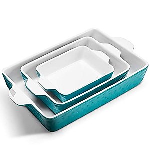 IPOW 3 Pack Casserole Dish Bakeware Set [Large&Deep], Ceramic Baking Dishes for Oven, to Table Plate Pan for Lasagna&Chicken Baking Cooking, Gift for wedding Party, Turquoise