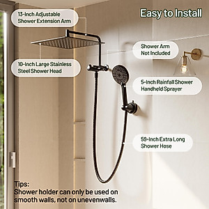 Kurpot Double Shower Heads with Handheld Spray Combo, 10" Stainless Steel Rain Shower Head with Handheld, 3+3 Shower Mode, 13" Adjustable Shower Extension Arm and 59" Long Shower Hose, Matte Black