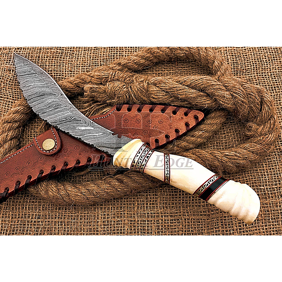 HUNTEX Unique Custom Handmade Hand Forged Damascus Steel 15 Inch Long Full Tang Camel Bone Handle Razor Sharp Hunting Camping Kukri Knife with Genuine Leather Sheath