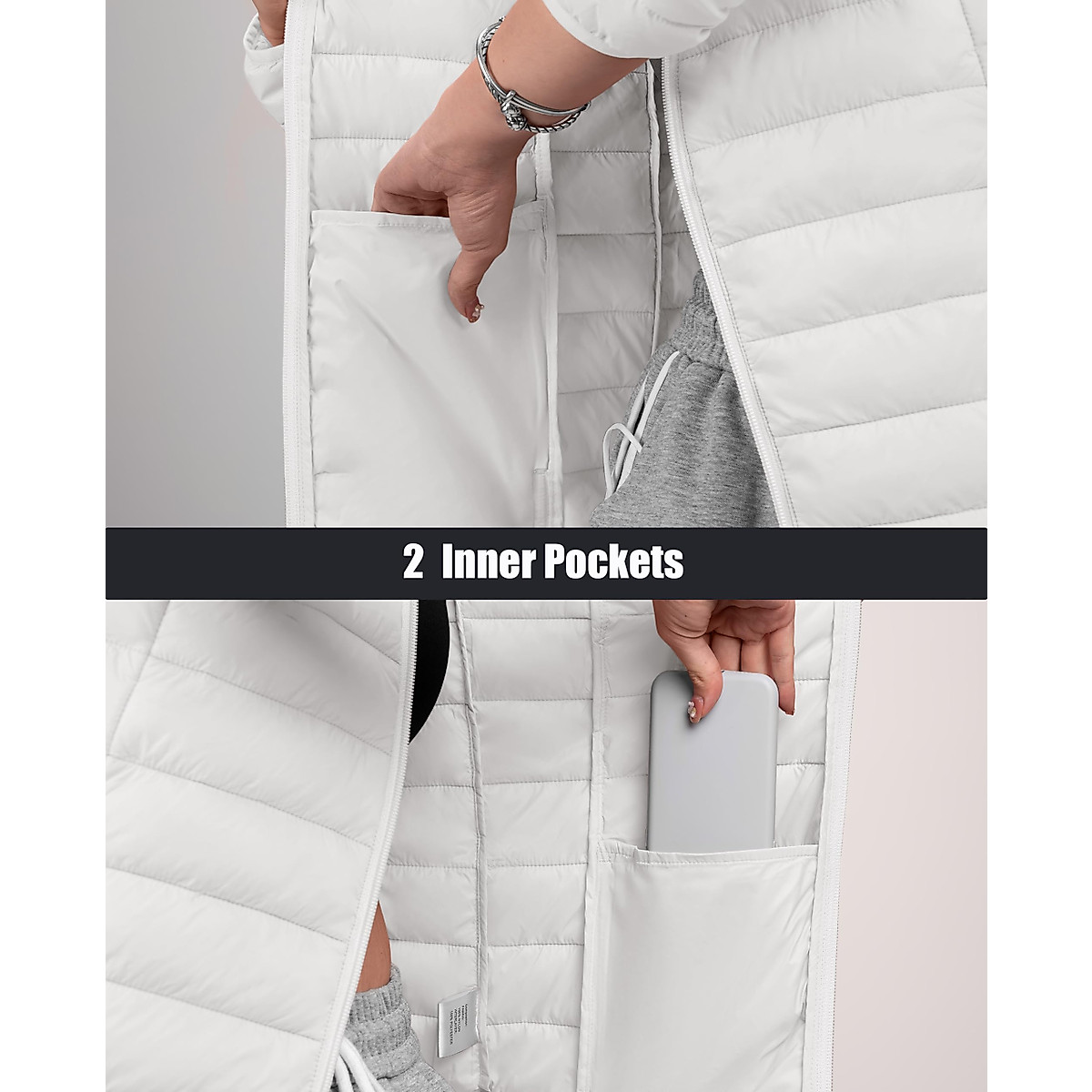 MAGCOMSEN Women's Puffer Jacket Ultra-lightweight Quilted 4 Pockets Full Zip Stand Collar Jackets Winter Warm Coat, White S