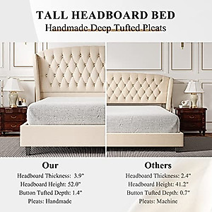 Jocisland Upholstered Bed Frame King Size Platform Bed Linen Deep Button Tufted Handmade Headboard Shell Wingback/No Box Spring Needed/Wood Slats(Beige)