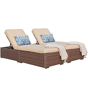 JOIVI Outdoor Patio Chaise Lounge Chairs Set of 2, PE Wicker Patio Pool Lounge Chairs Furniture Set of 2, Pool Lounger Brown Rattan Adjustable Backrest with Removable Beige Furniture Cushion