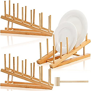 Yesland 3 Packs Wooden Dish Rack, Bamboo Plate Bottle Drying Rack with Wooden Mallet Plate Rack for Water Bottles, Cups, Pan Lids, Dinner Plates - Brown