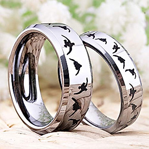 CLOUD DANCER 6mm/8mm Width Lover's Silver Bevel Wedding Band with Laser Etched Bird Duck Hunting Outdoor Ring, Comfort Fit (8mm Width, 11)