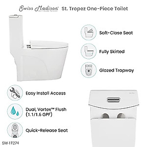 Swiss Madison Well Made Forever SM-1T274, St. Tropez One Piece Elongated Toilet Dual Vortex Flush 1.1/1.6 gpf with 10" Rough In