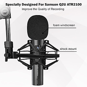 Mictop Q2U USB/XLR Microphone Shock Mount, Microphone Mic Holder with Foam Windscreen for Samson Q2U, ATR2100-USB Microphone, Anti-Vibration Shock Mount with Pop Filter for Reduce Vibration and Noise