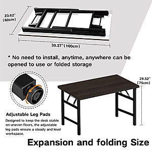 Joezhe 39.4 inch Folding Computer Desk, Writing Gaming Computer Folding Desk for Small Spaces, No Assembly Required Foldable Home Office Desk - Black Walnut