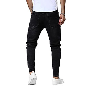 Woenzaia Black Ripped Skinny Jeans for Men Stretch Slim Fit Distressed Denim Jeans Tapered Jean Pants