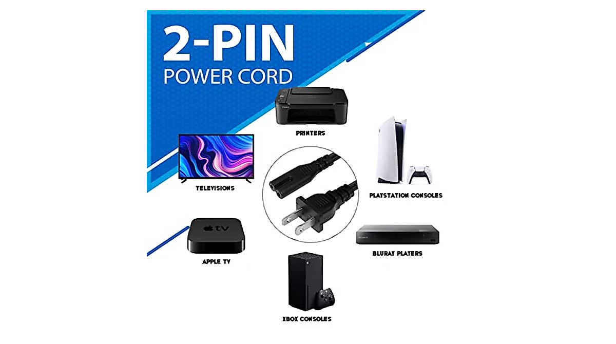 AC 2 Prong Power Cord 5ft for TV, PS4, Xbox 2-Slot Wall Cable Replacement