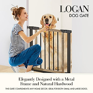 NMN Designs Logan Dog Gate - Indoor Pet Barrier and Wooden Dog Gate with Walk Through Swinging Door - Pressure Mounted for Walls and Stairs - Puppy Gates for The House - Expandable 29.5" to 51.5"