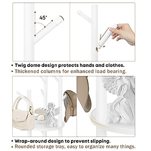 XIDIHF Freestanding Coat Rack with 9 Hooks & 3 Storage Shelves, Wooden Hat Rack Stand for Entryway, Hallway & Bedroom – Ideal for Hanging Clothes, Hats, Bags, Keys, White