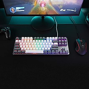 AULA F3287 Wired TKL Rainbow Mechanical Gaming Keyboard, 80% Compact Tenkeyless 87 Keys Layout w/Tactile Red Switches, White & Grey Mixed-Color Keycaps, Programmable Macro Keys