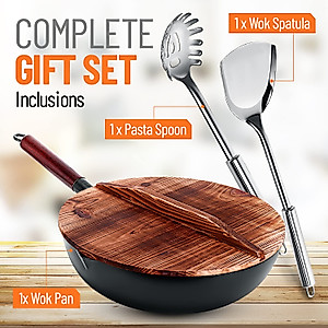 Homeries Wok Pan - 12.8" Woks and Stir Fry Pans, Carbon Steel Wok with Wooden Handle and Lid and 2 Spatulas - Non-Stick Flat Bottom Wok Frying Pan Suitable for Electric, Induction, and Gas Stoves