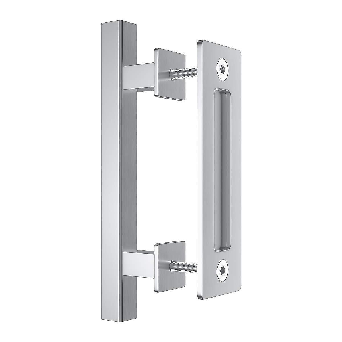 SMARTSTANDARD 10" Heavy Duty Sliding Barn Door Handle, Pull and Flush Set for Gate Kitchen Furniture Cabinet Closet Drawer, Stainless Steel, Square