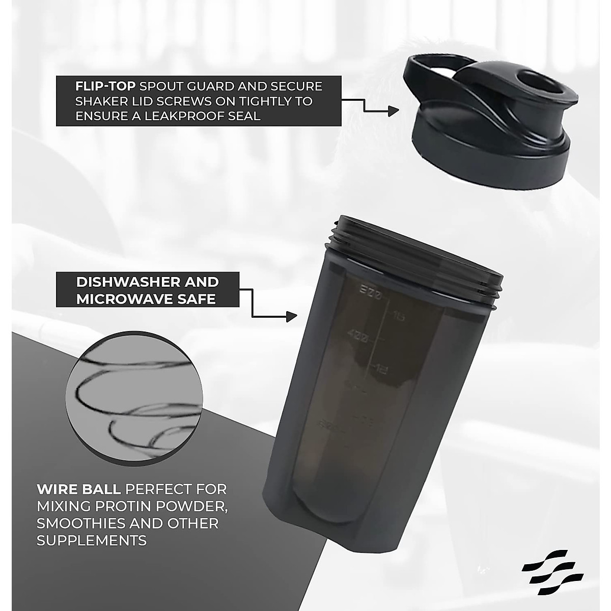 IHTISAB Blender Protein Shaker Bottle 20oz With Wire Whisk Ball, Drink Protein Shaker Pre And Post Workout, Mixes Cocktail Smoothies Shakes, BPA Free