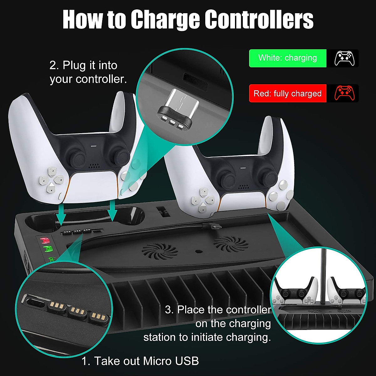 Linkstyle PS5 Vertical Stand with Cooling fan Dual PS5 Controller Charging Station Dock Led Indicator, 15 Game Storage, and Headset Holder for PS5 Console PS5 Digital Edition Console accessories