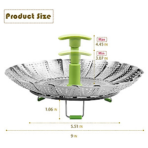Vegetable Steamer Basket, Stainless Steel Folding Steamer with Extending Removable Center Handle Insert for Veggie Seafood Cooking to Fit Various Size Pot(5.1" to 9")