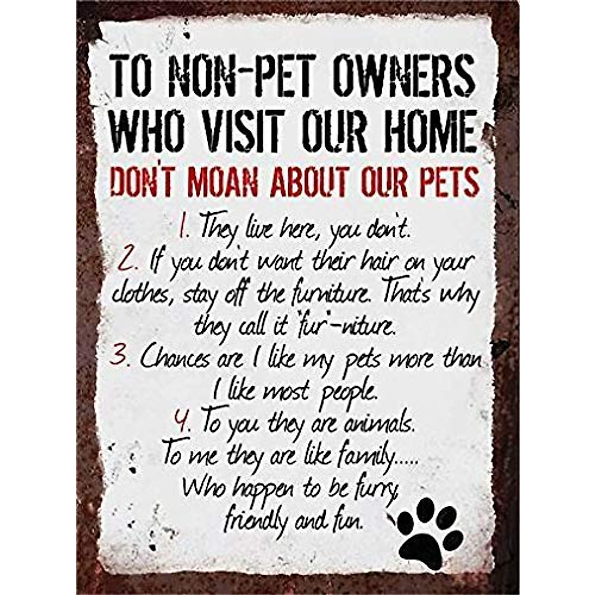New Tin Sign Rules to Non Pet Owners Dog Cat Lover Steel Poster Gift Aluminum Metal Sign for Wall decor 8x12 INCH