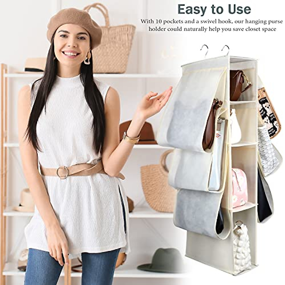 Woanger 2 Pieces Hanging Purse Handbag Organizer 10 Pockets Nonwoven Purse Storage Closet Bag Organizer Handbag Closet Purse Holder for Wall Women Organization Wardrobe Accessories Storage Bag