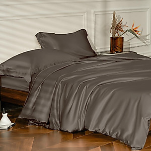 THXSILK 25 Momme Silk Duvet Cover Set 4PCS(1 Duvet Cover + 1 Fitted Sheet + 2 Pillow Shams),100% Mulberry Natural Silk Bedding Set (Charcoal, King)