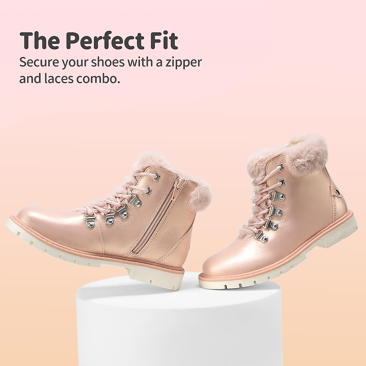 DREAM PAIRS Girls Kids Side Zipper Lace up Faux Fur Ankle Boots,Size 4 Big Kid,PINK/PU,SDBO213K