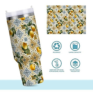 Wfrish Tumbler with Handle and Straw Lid,Vintage Lemons Leaves Patchwork 40 oz Insulated Coffee Cup Stainless Steel Fruit Water Bottle Travel Mug Cupholder Friendly,Gifts for Women Men