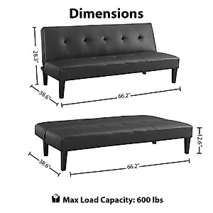 Naomi Home Button Tufted Futon Sofa Bed, Faux Leather Futon Couch, Modern Convertible Folding Sofa Bed Couch with Wooden Legs, Reclining Small Couch Bed, Futon Bed for Living Room, Dorm Black
