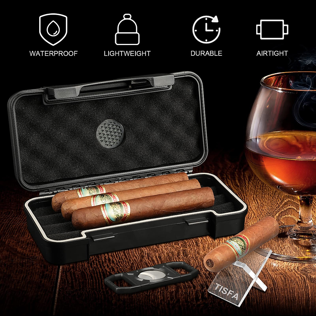 TISFA Cigar Travel Humidor Case with Cigar Cutter and Cigar Stand, Portable Cigar Humidor, Waterproof Cigar Box Holds up to 4 Cigars - Cigars Gift Set for Men (Small)