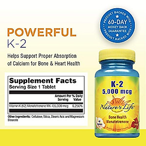 Nature's Life Vitamin K2 5000mcg | High Potency MK4 Formula Helps Support Bone & Cardiovascular Health | Non-GMO | 60 Vegetarian Tablets