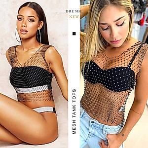 DRESBE Rhinestone Mesh Body Chains Hollow Tank Tops Bikini Crop Top Party Body Jewelry Accessories for Women and Girls (Black-V Neck-L)