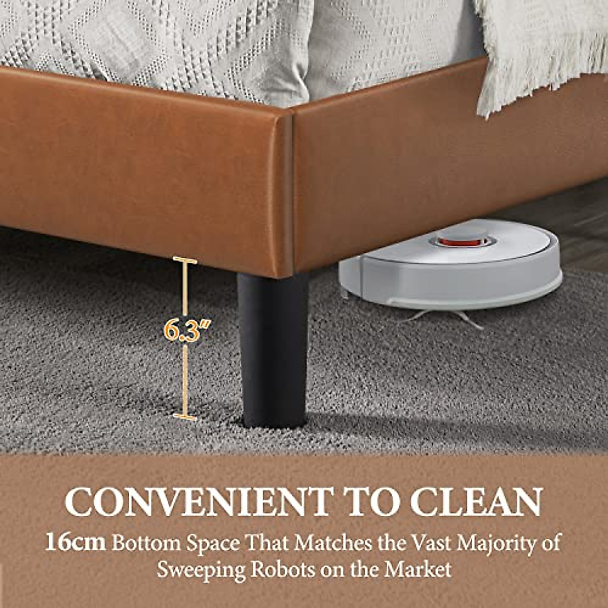 Yaheetech Upholstered Platform Bed Frame with Square Tufted Faux Leather Headboard Height Adjustable, Mattress Foundation Wooden Slats Support No Box Spring Needed, Amber Brown-Queen