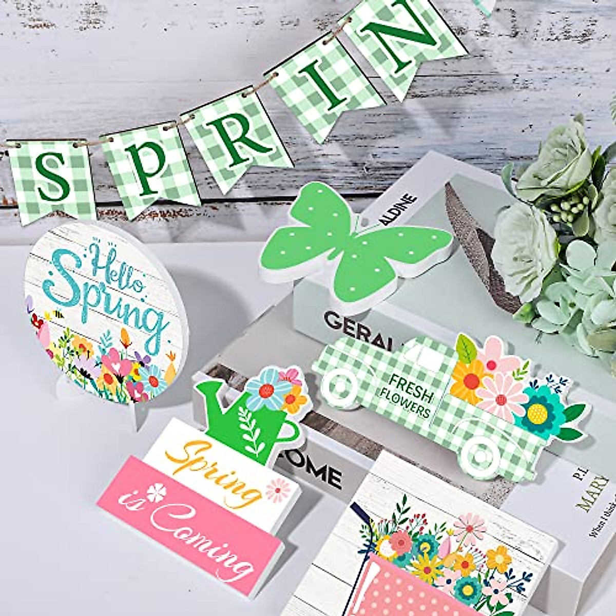 12 PCS Spring Tiered Tray Decor Set Flowers Mini Wood Signs Hello Spring Wooden Table Signs Flowers Butterfly Truck Wood Decors with Holder for Spring Party Supplies Home Table Centerpieces