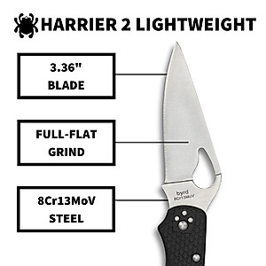 Spyderco Byrd Harrier 7.62" Lightweight Knife with 3.36" 8Cr13MoV Steel Blade and Black Non-Slip FRN Handle - PlainEdge - BY01PBK2