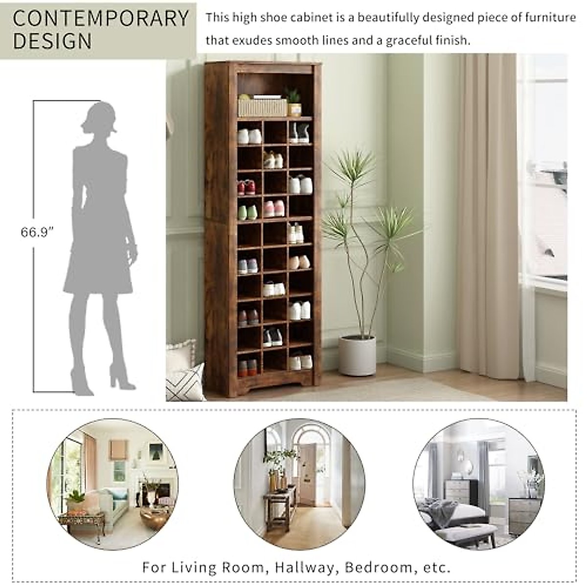 Goohome Stylish Design 30 Shoe Cubby Console, Contemporary Free Standing Tall 10-Tier Shoe Storage Cabinet with Multiple Storage Capacity and Versatile Use for Hallway, Entryway, Space-Saving