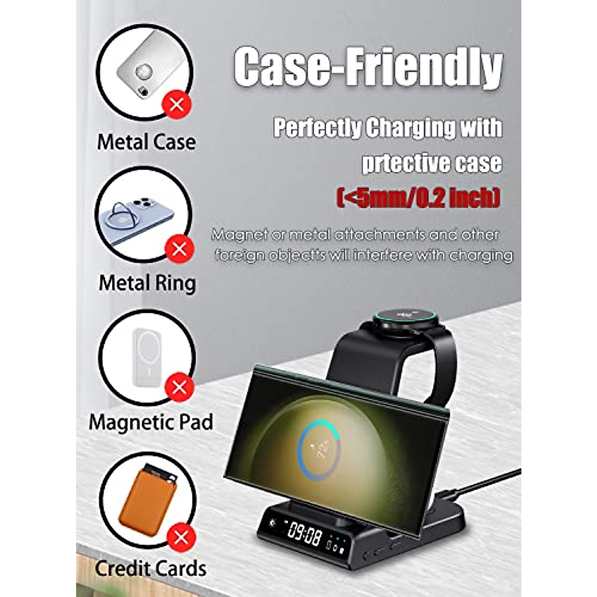 Lopnord Wireless Charger for Samsung Galaxy S23 Ultra, 3 in 1 Samsung Charging Station for Multiple Devices with Clock for S22 Ultra S21 Z Fold 4, Charging Dock for Galaxy Watch 5, Galaxy Buds 2 Pro