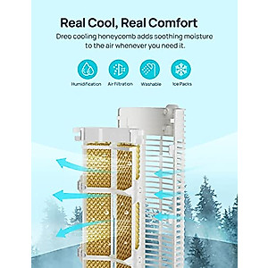 Dreo Evaporative Air Cooler, 40" Tower Fans that Blow Cold Air, Cooling Fan with 80° Oscillating, Ice Packs, Touch and Remote Control, 3 Modes, 3-Speed Quiet Floor Fan, White, Large, DR-HEC001-N